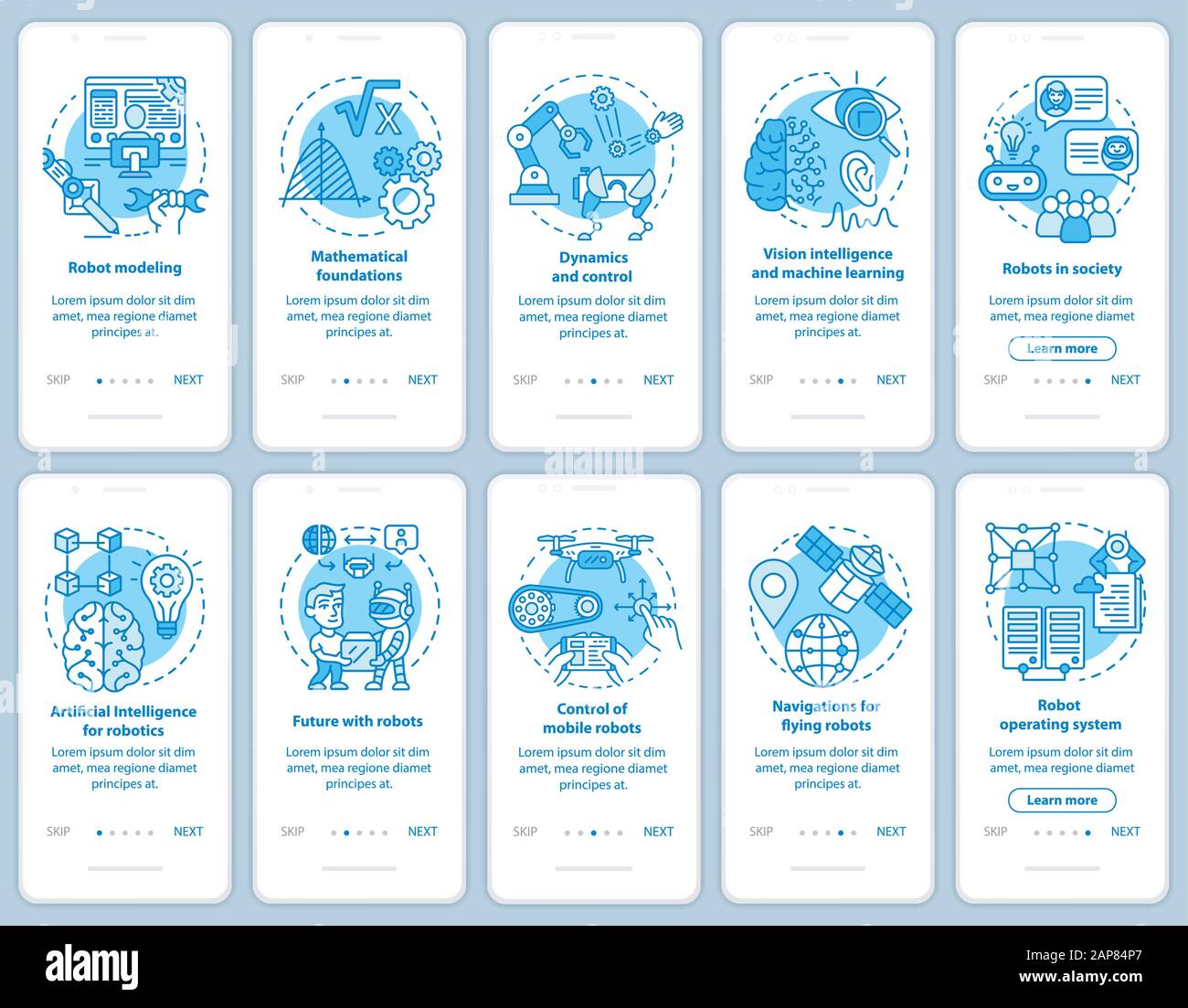 Robotics Courses Onboarding Mobile App Page Screen Vector Template Set Modeling Development Of