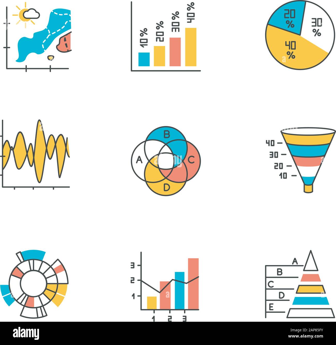 Chart and graph color icons set. Temperature map. Seismic activity ...