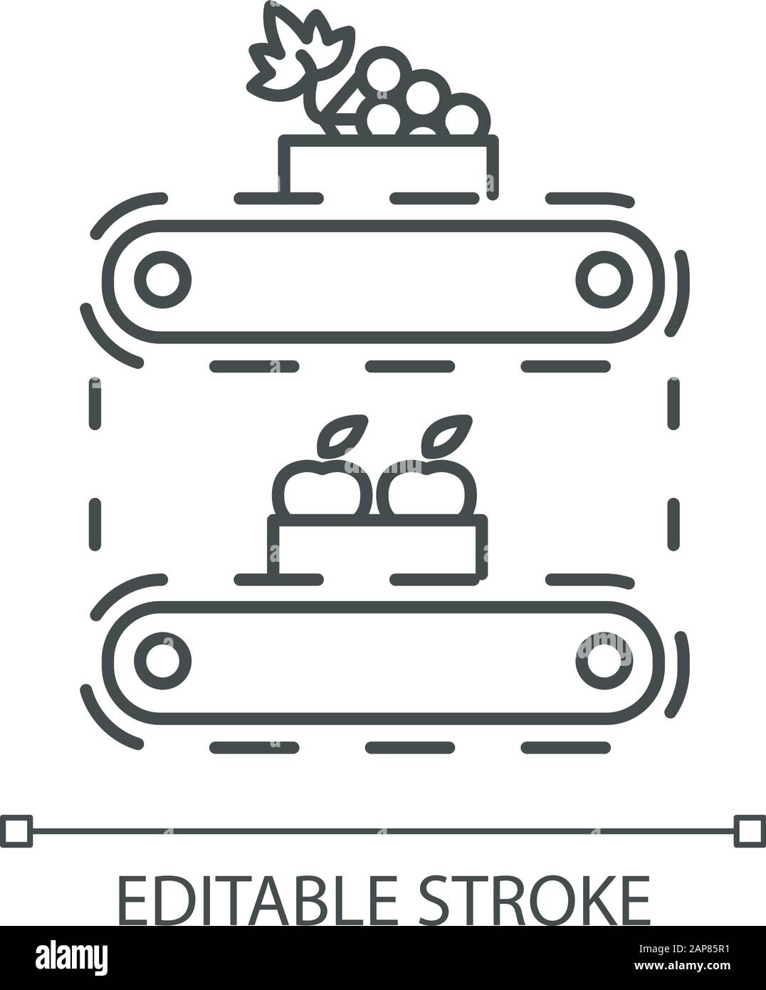 Fruit production linear icon. Apples and grape in crates on conveyor ...