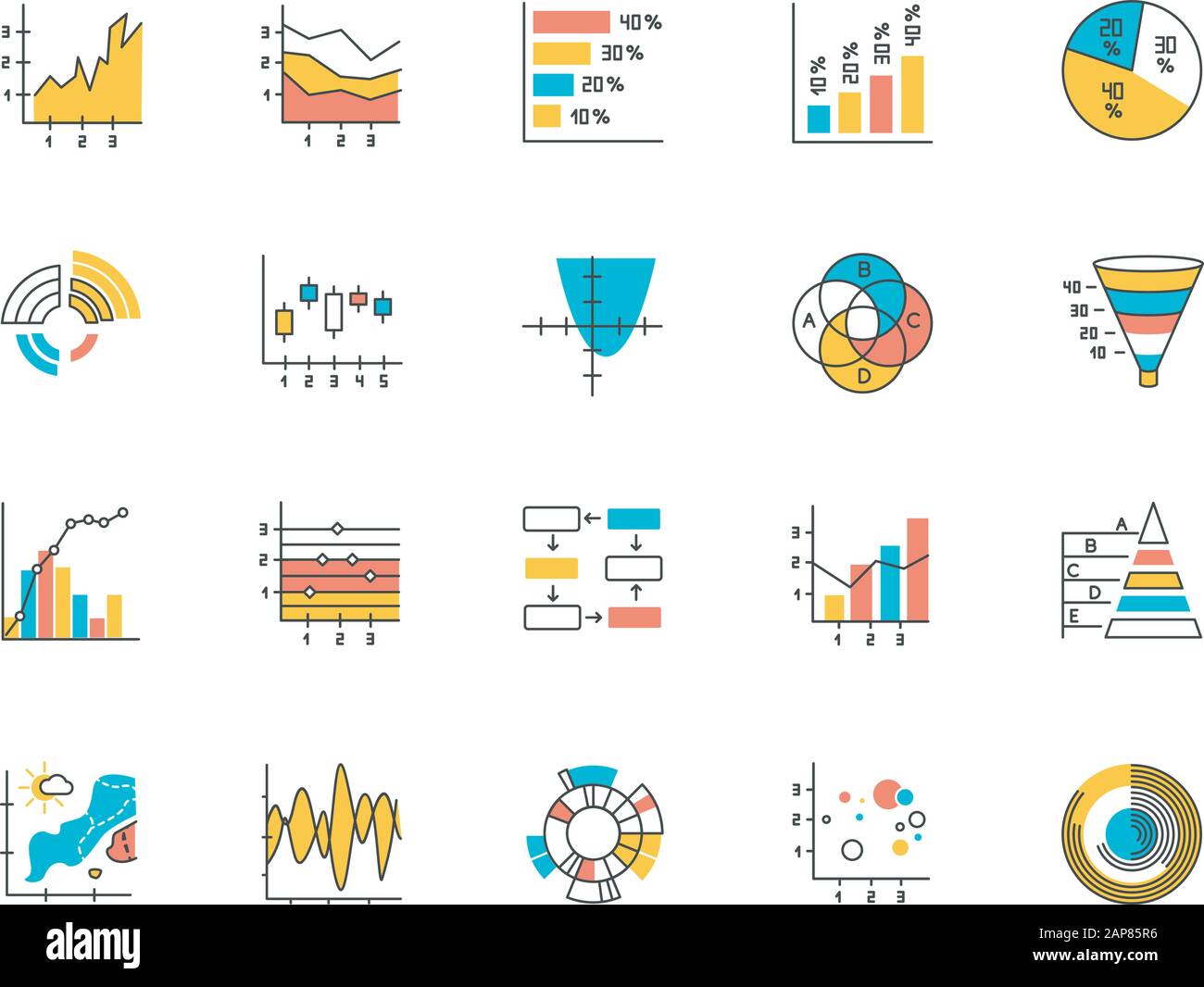 Chart and graph color icons set. Pie diagram. Horizontal and vertical ...