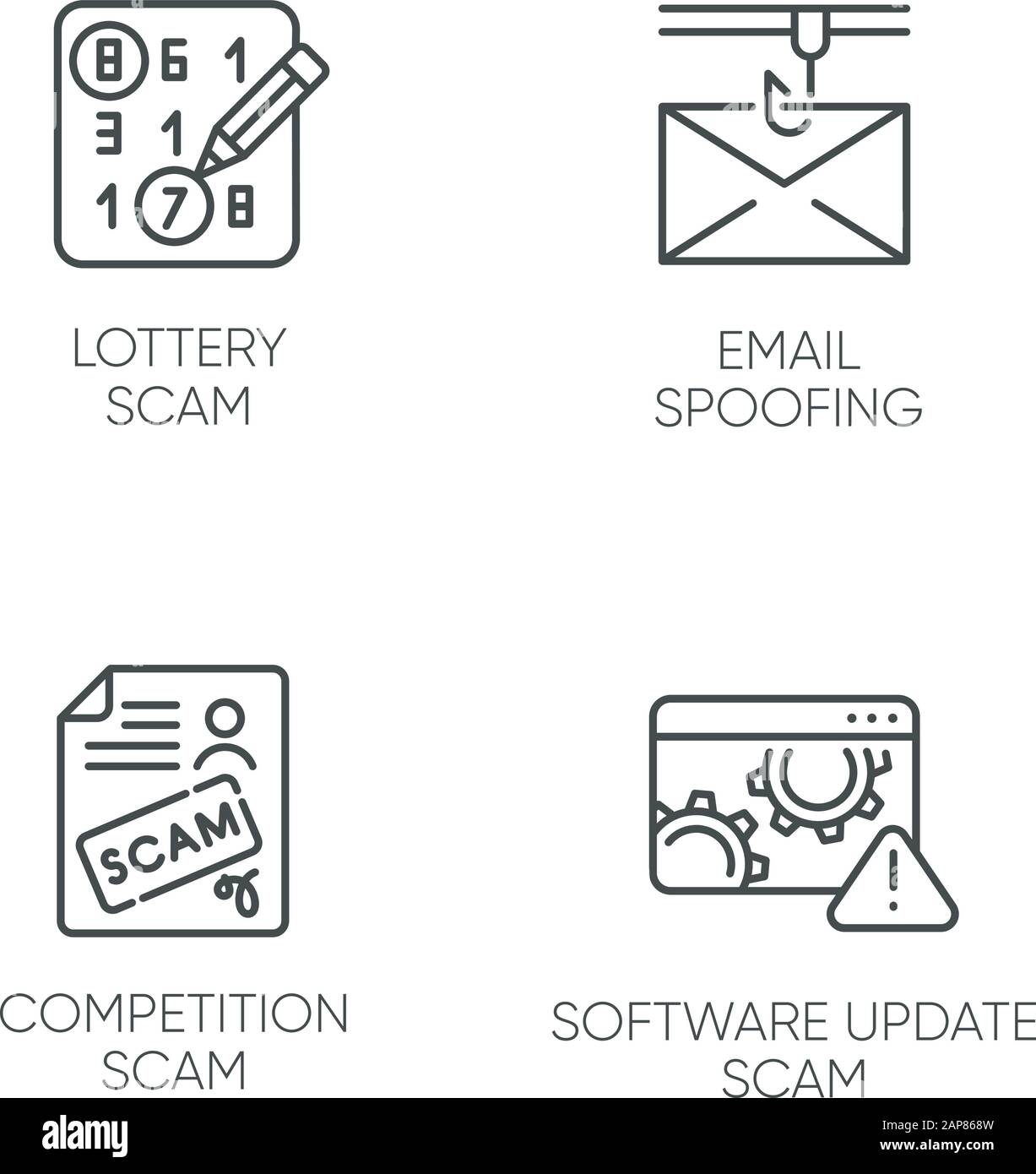 Scam types linear icons set. Lottery, competition scheme. Email ...