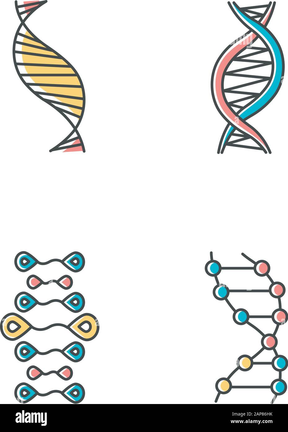 DNA strands color icons set. Deoxyribonucleic, nucleic acid helix ...