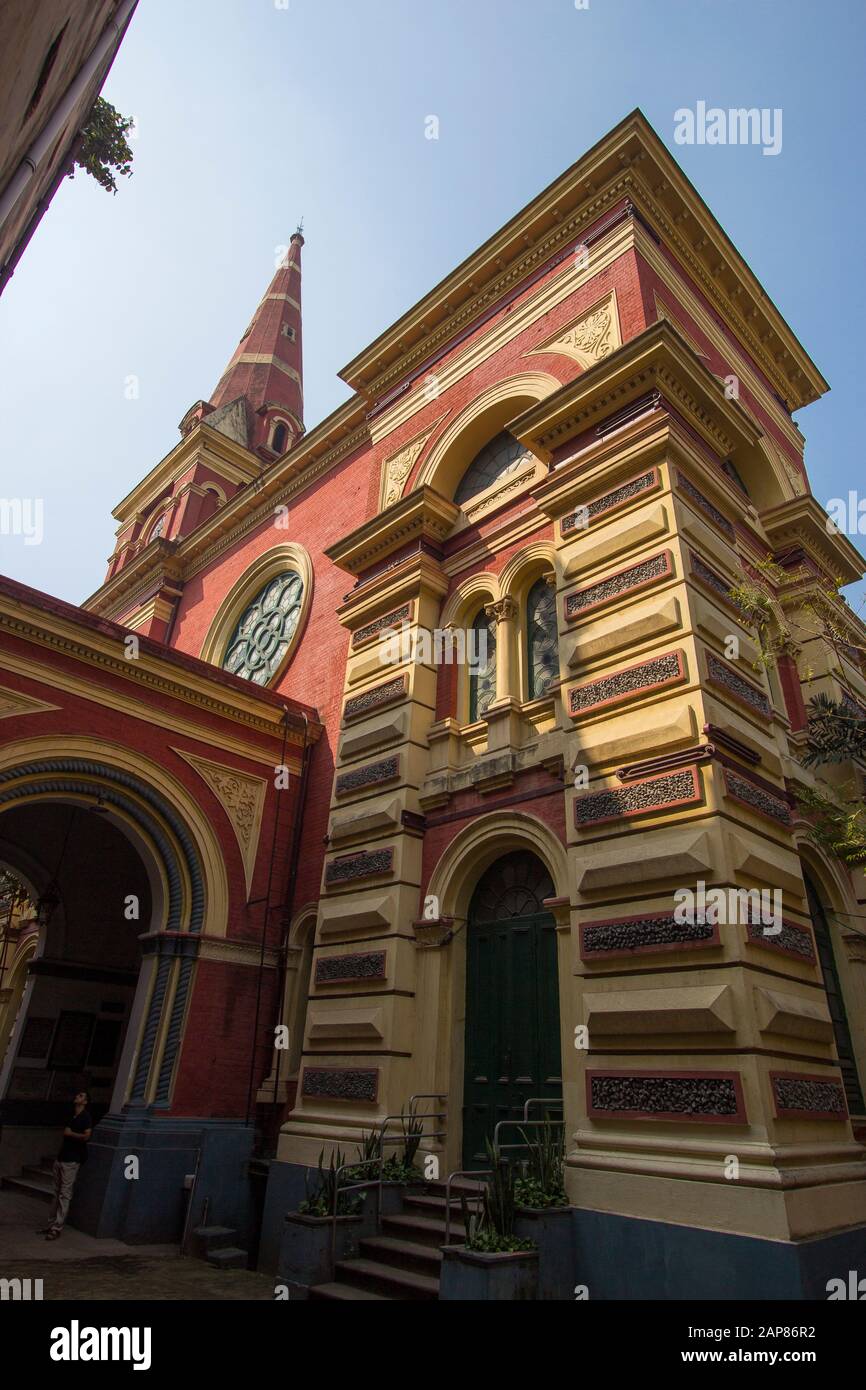 The exterior view of the old, red brick Maghen David Jewish synagogue ...