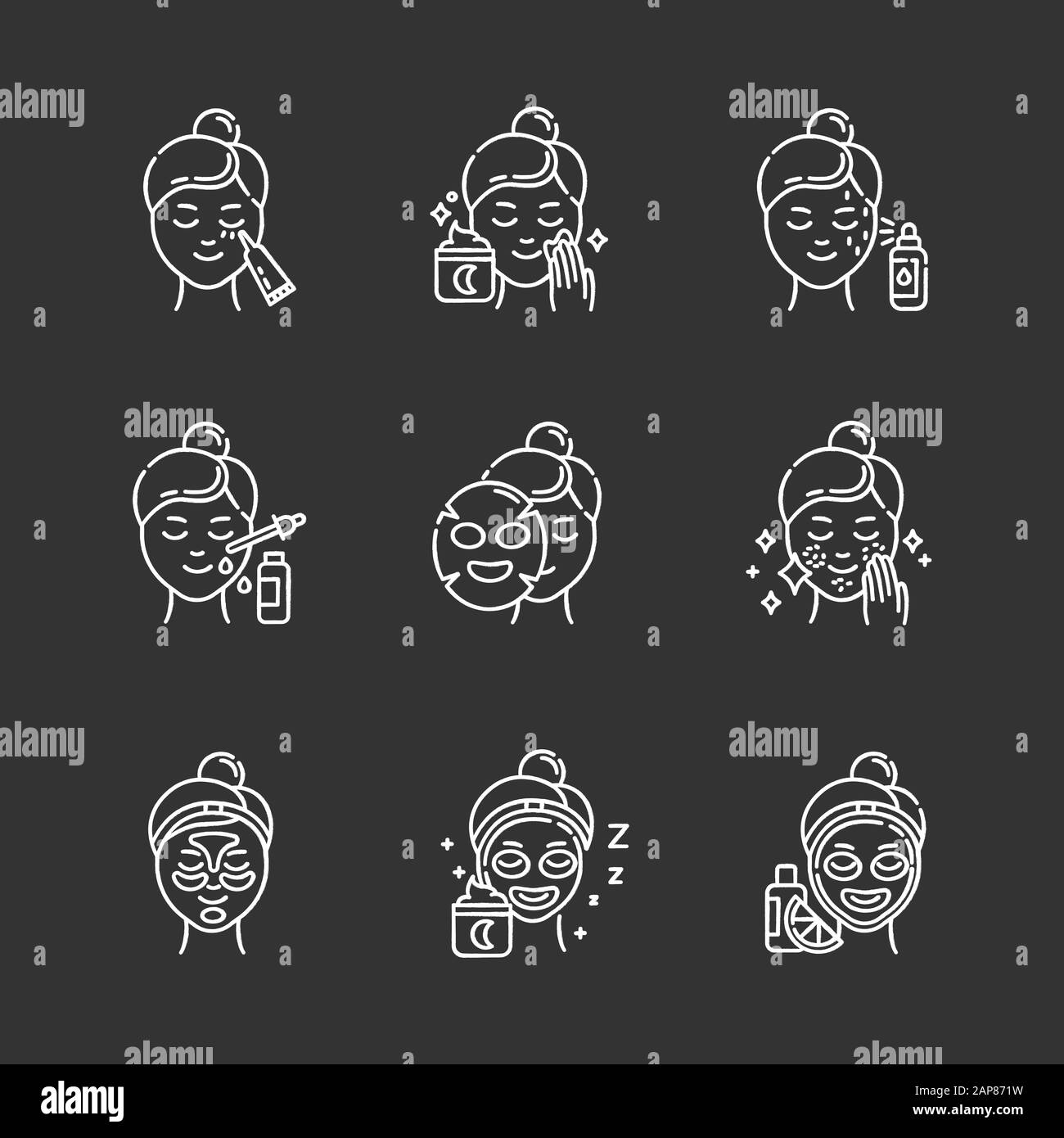 Skin care procedures chalk icons set. Night time beauty routine ...