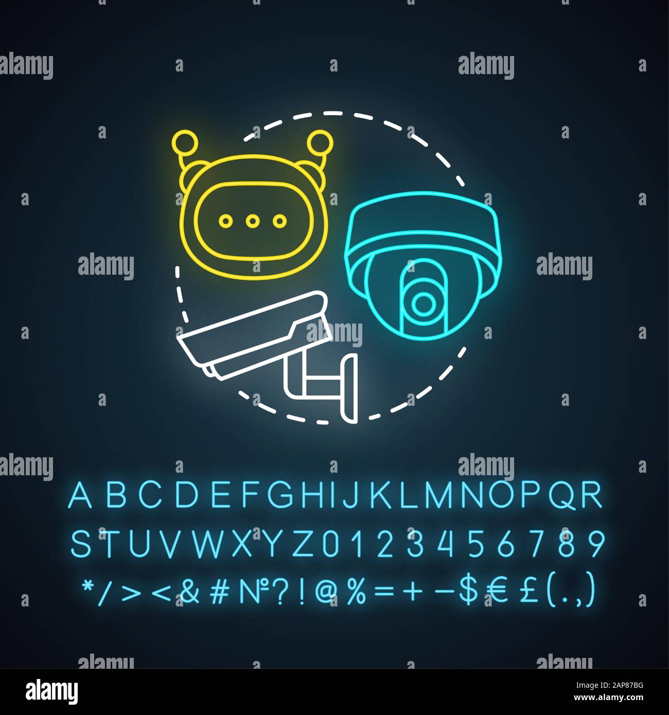 Pattern recognition system neon light concept icon. Robotic ...