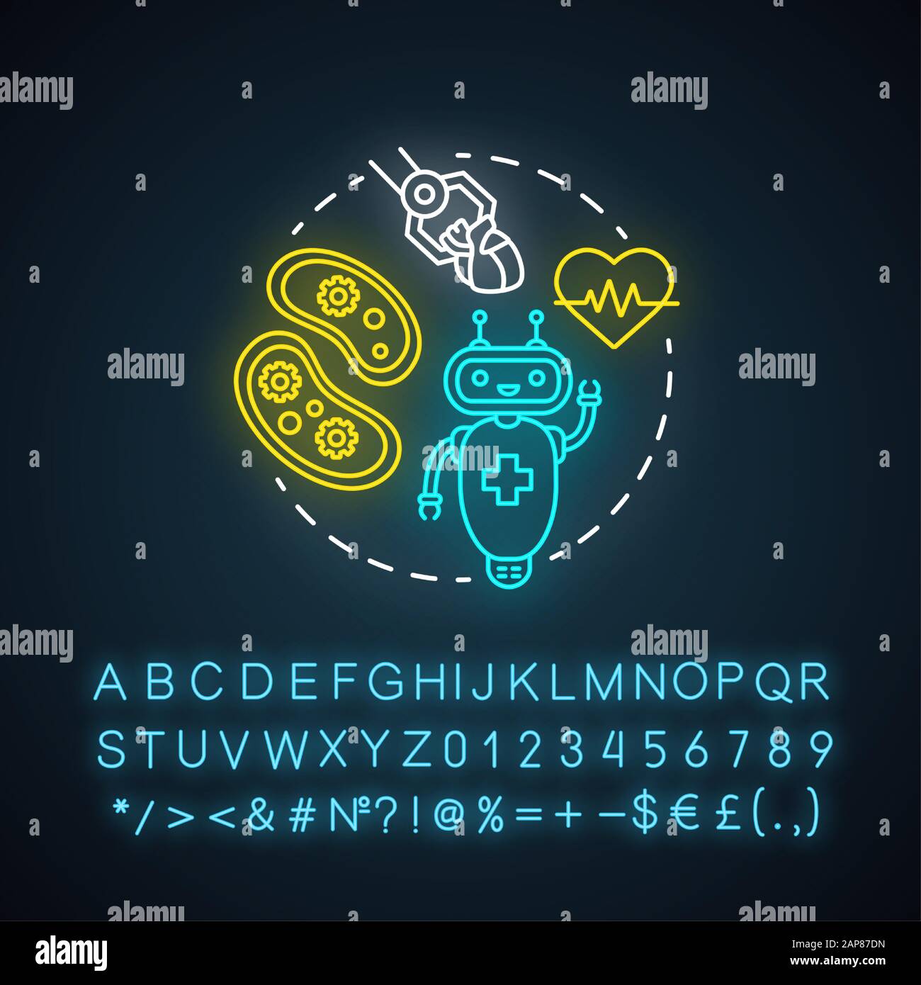 Medical robotics neon light concept icon. Health care computer machines ...