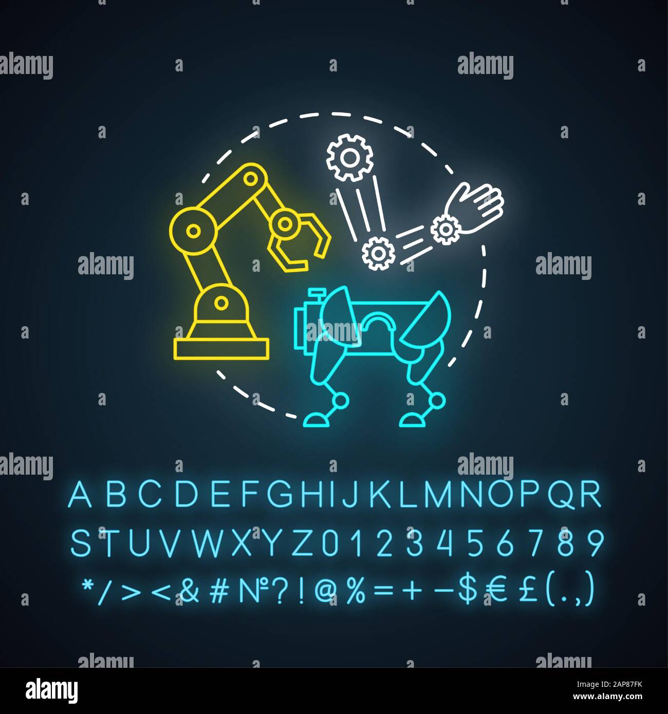 Dynamics and control neon light concept icon. Robotics motion system ...