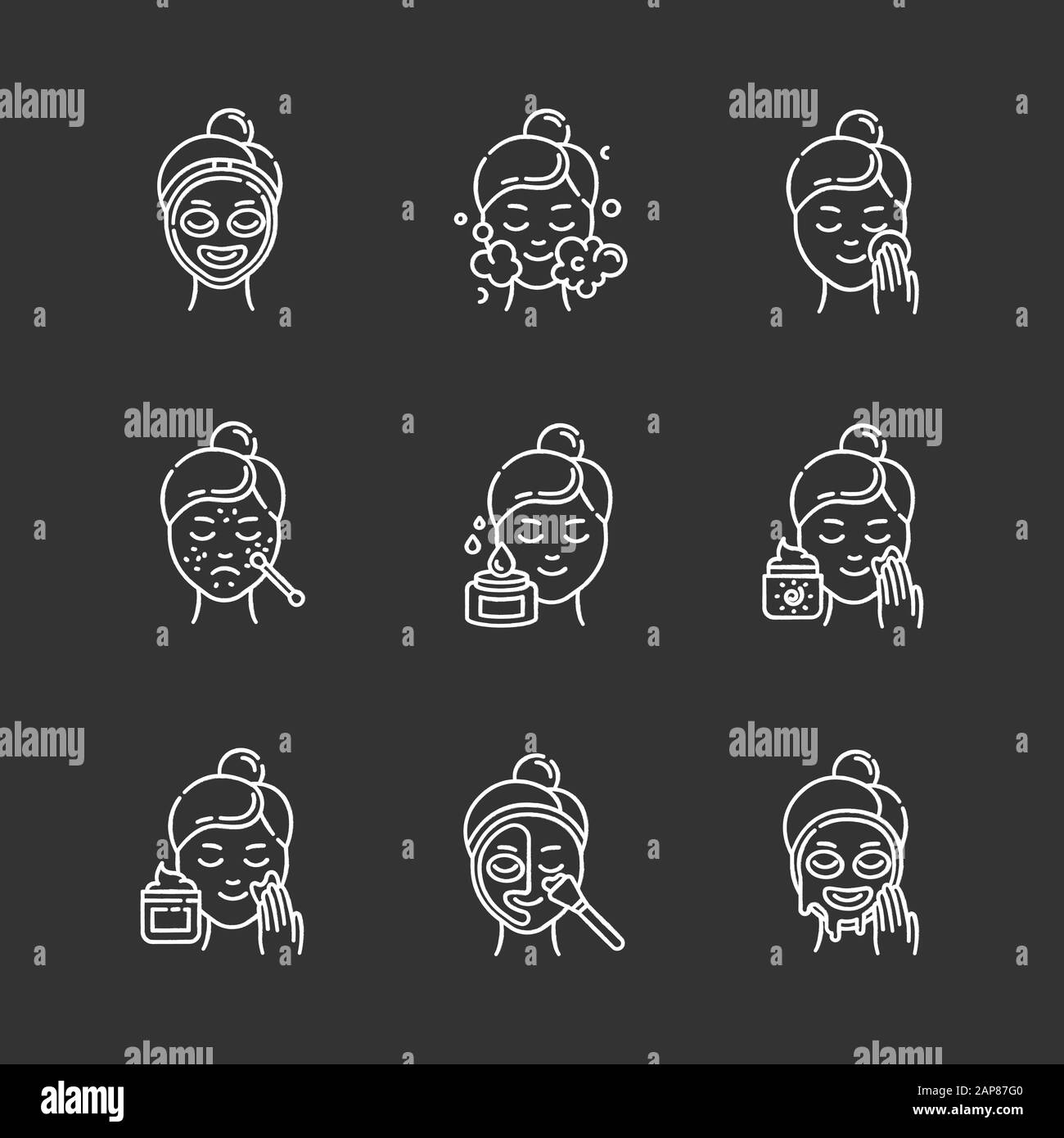 Skin care procedures chalk icons set. Spot treatment for acne and ...