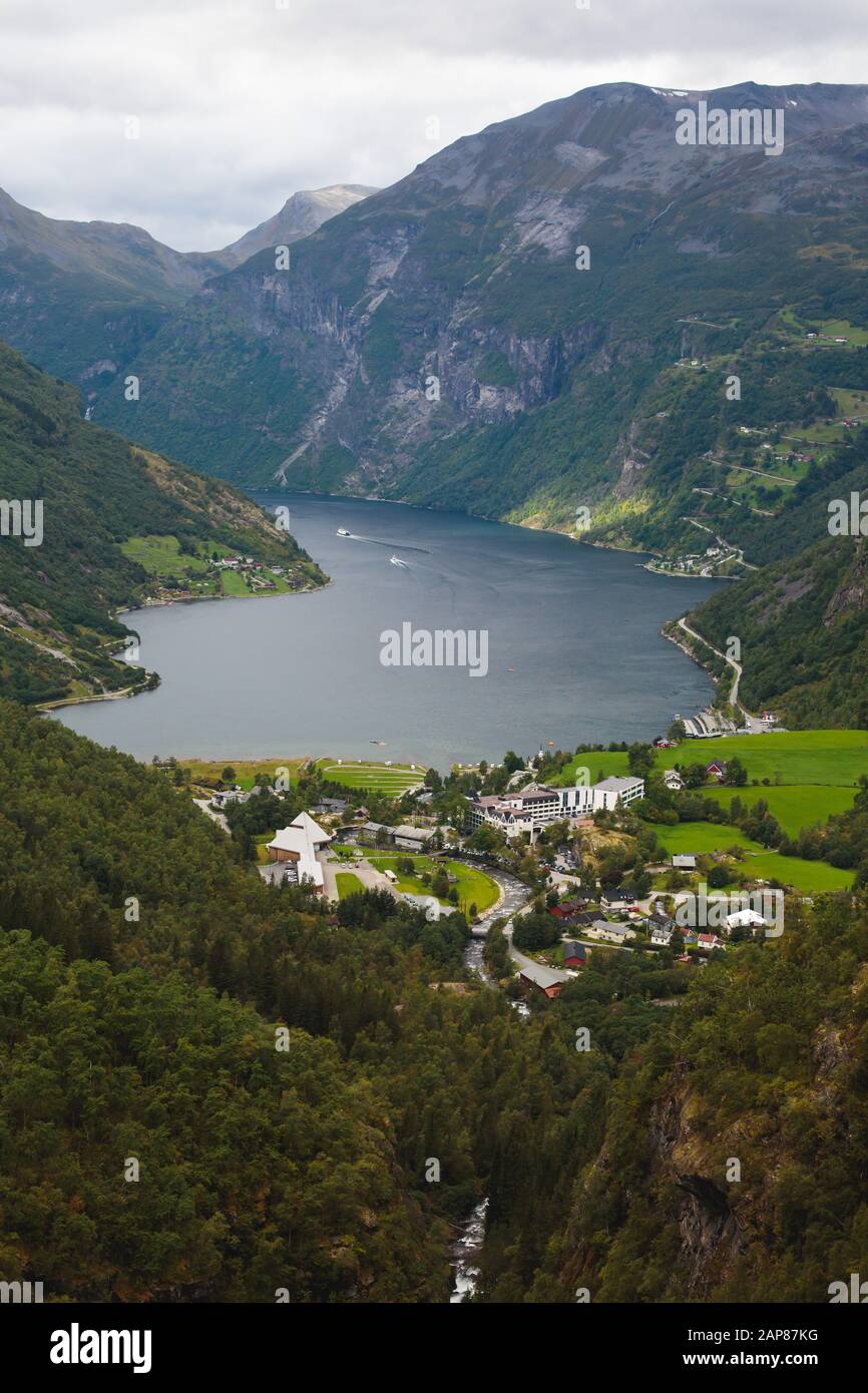 Famous Norwegian fjord, Geirangerfjord, with a Geiranger town in summer ...