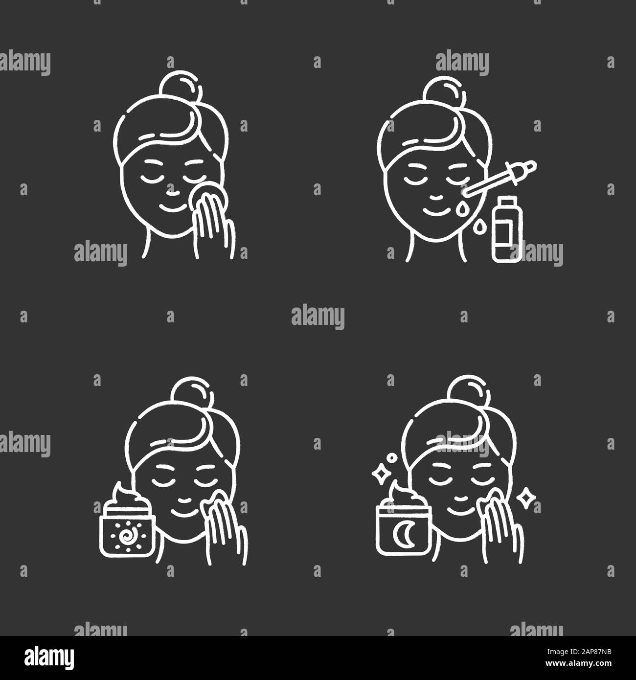 Skin care procedures chalk icons set. Applying night sleeping cream ...