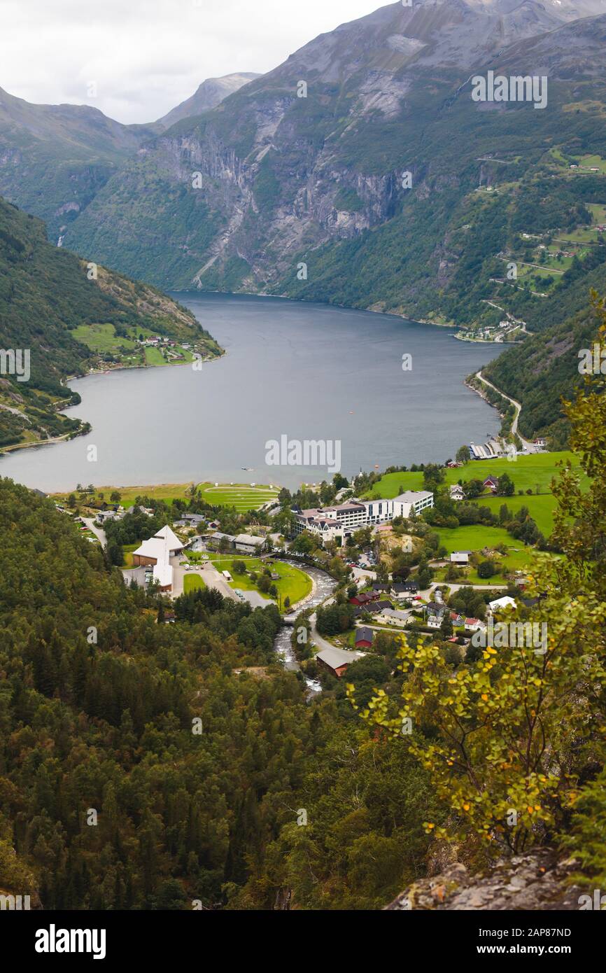 Famous Norwegian fjord, Geirangerfjord, with a Geiranger town in summer ...
