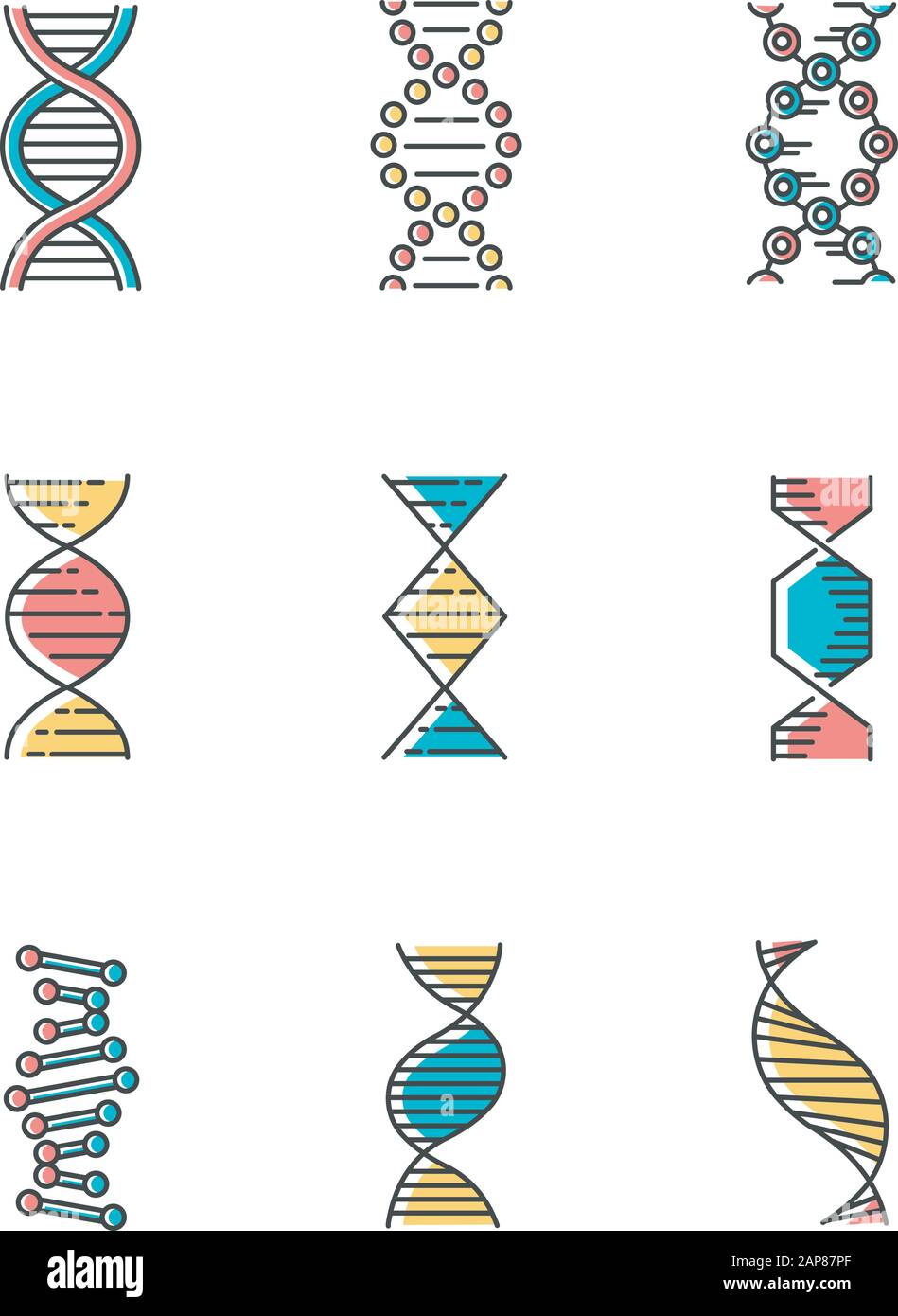 DNA spirals color icons set. Deoxyribonucleic, nucleic acid helix ...