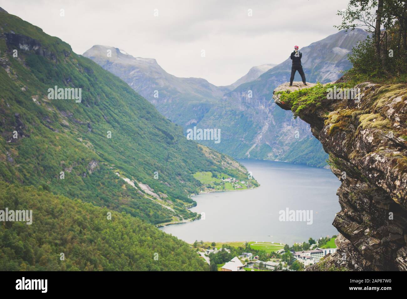Famous Norwegian fjord, Geirangerfjord, with a Geiranger town in summer ...