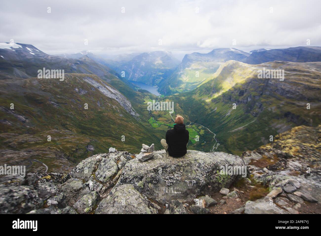 Classic summer picture of norwegian valley and fjord Geirangerfjord ...