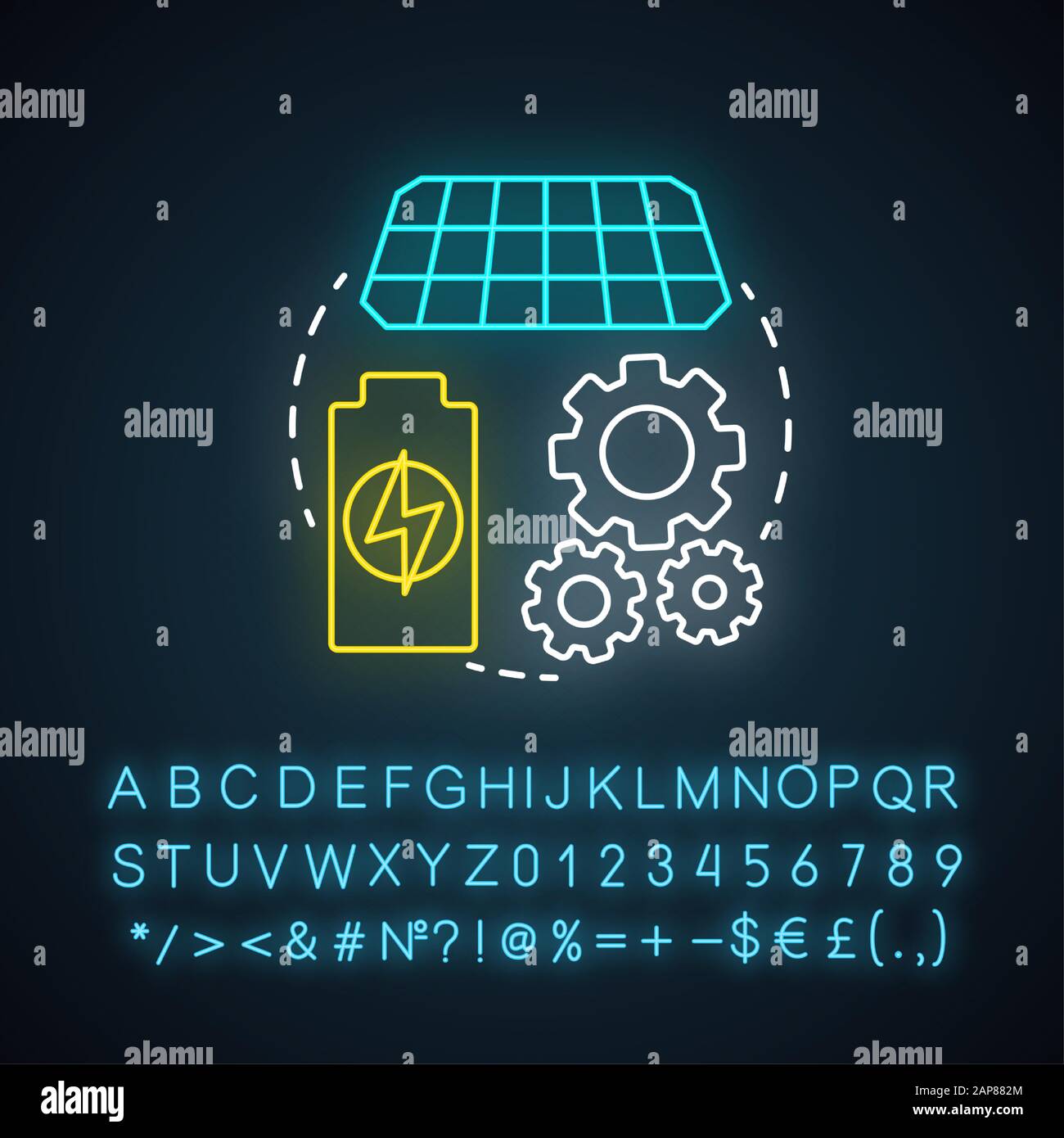 Recharge technology neon light concept icon. Sun batteries idea. Modern ...