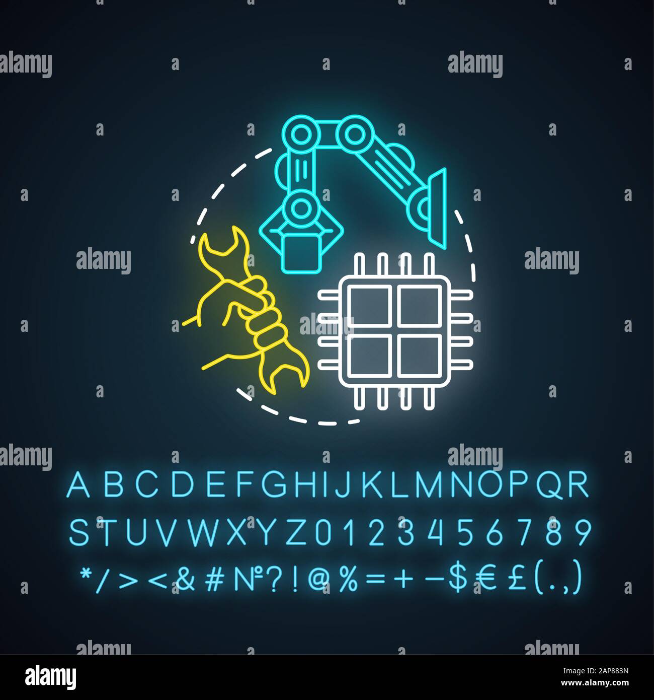 Industrial robotics neon light concept icon. Building technology idea ...