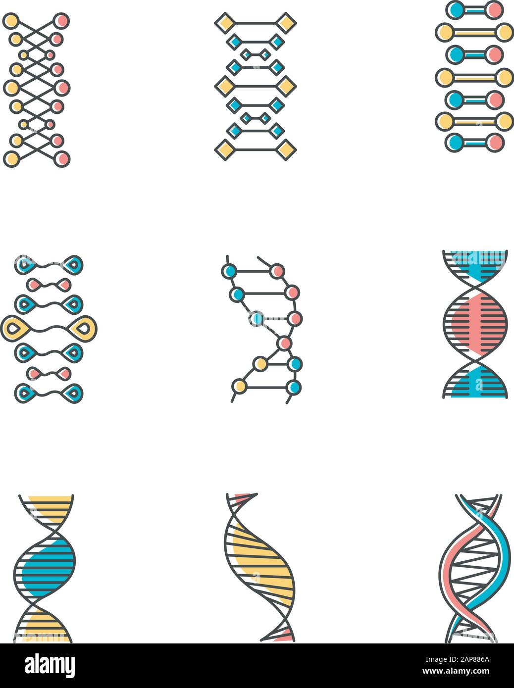 DNA double helix color icons set. Deoxyribonucleic, nucleic acid ...