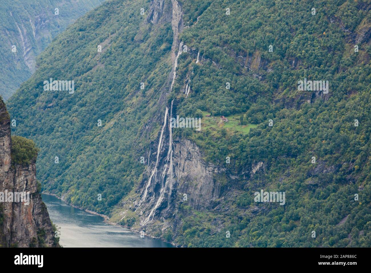Famous Norwegian fjord, Geirangerfjord, with a Geiranger town in summer ...