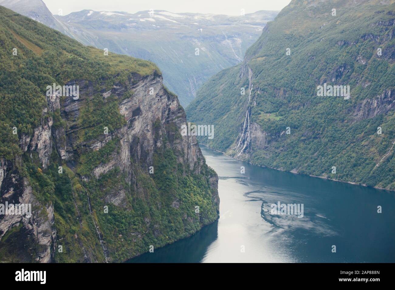 Famous Norwegian fjord, Geirangerfjord, with a Geiranger town in summer ...