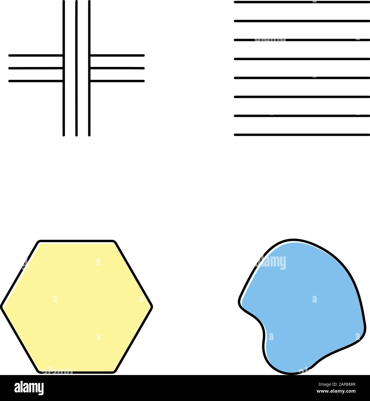 Geometric figures color icons set. Crossed stripes. Black ink strokes. Parallel lines. Flat ...