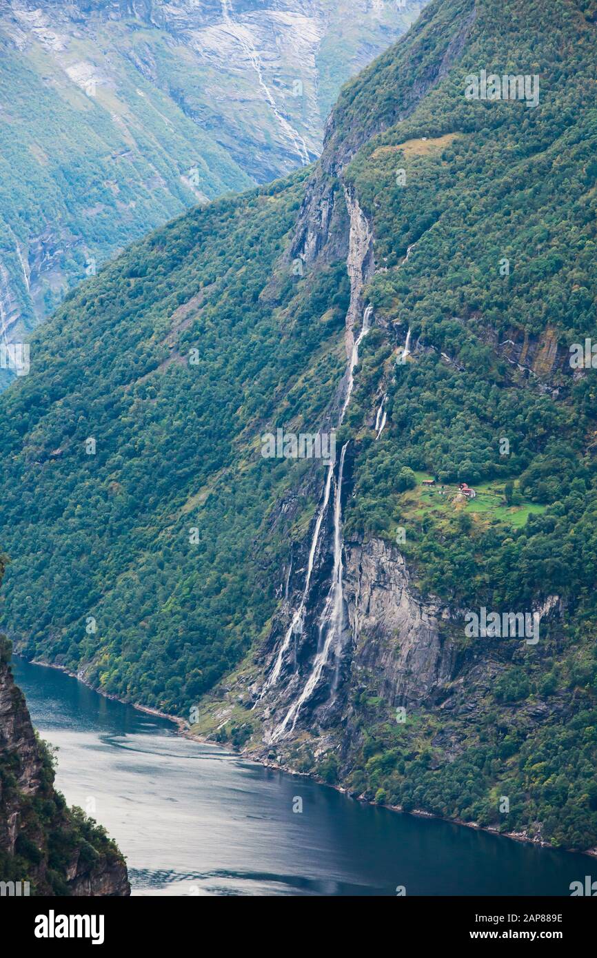 Famous Norwegian fjord, Geirangerfjord, with a Geiranger town in summer ...