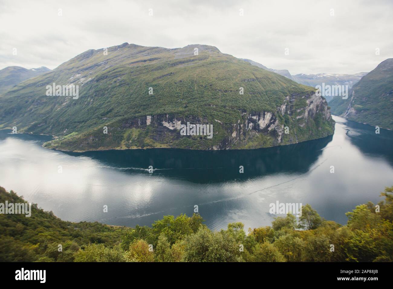 Famous Norwegian fjord, Geirangerfjord, with a Geiranger town in summer ...
