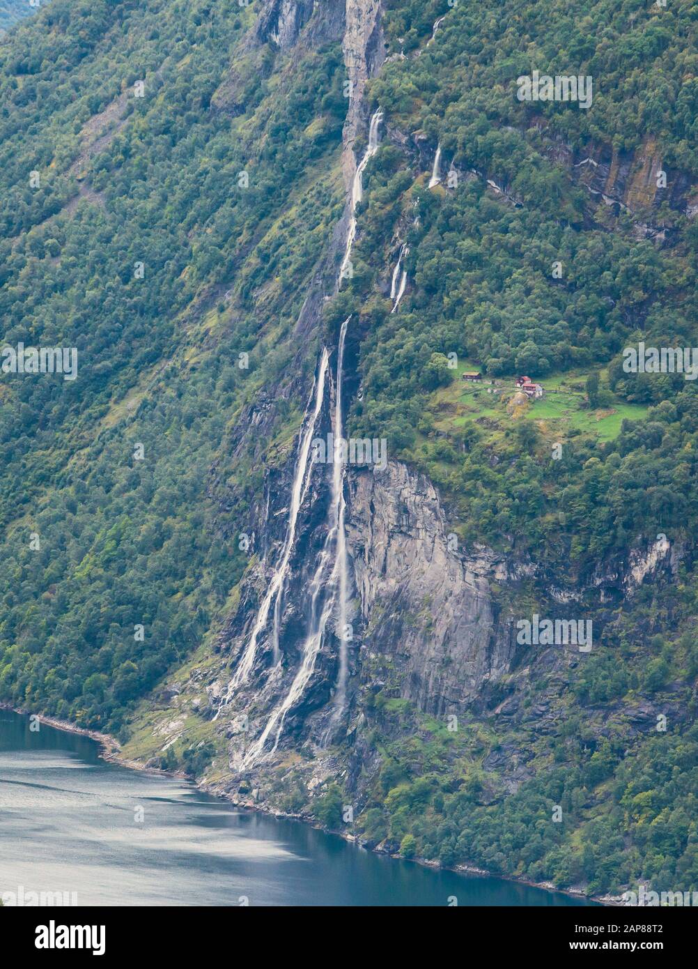 Famous Norwegian fjord, Geirangerfjord, with a Geiranger town in summer ...