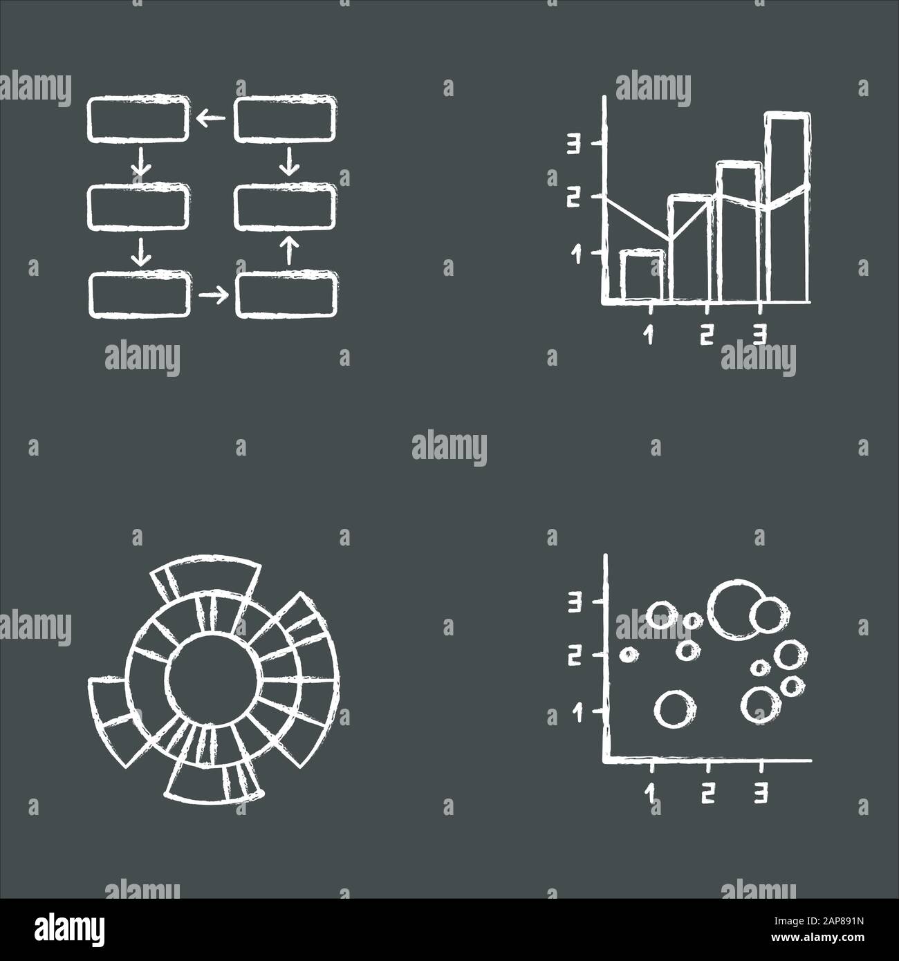 Chart and graph chalk icons set. Data connection, wiring. Process steps ...
