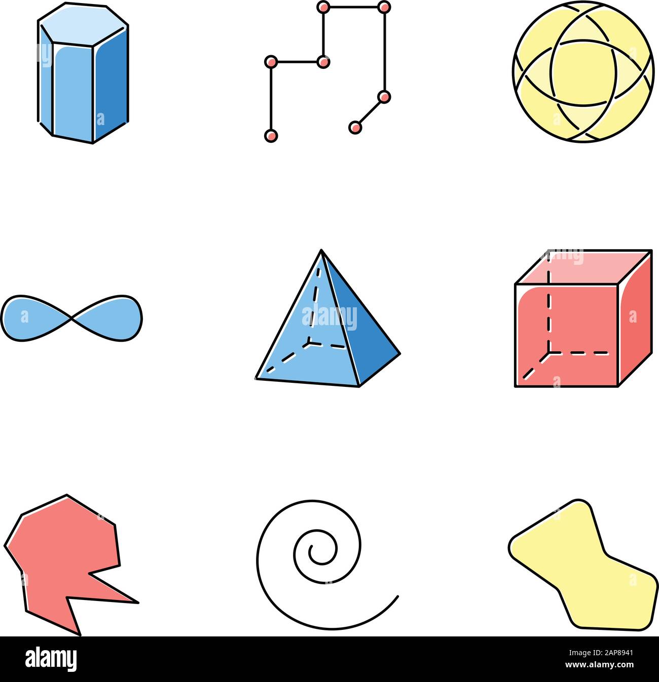 Geometric figures color icons set. Prism model. Connected lines with ...