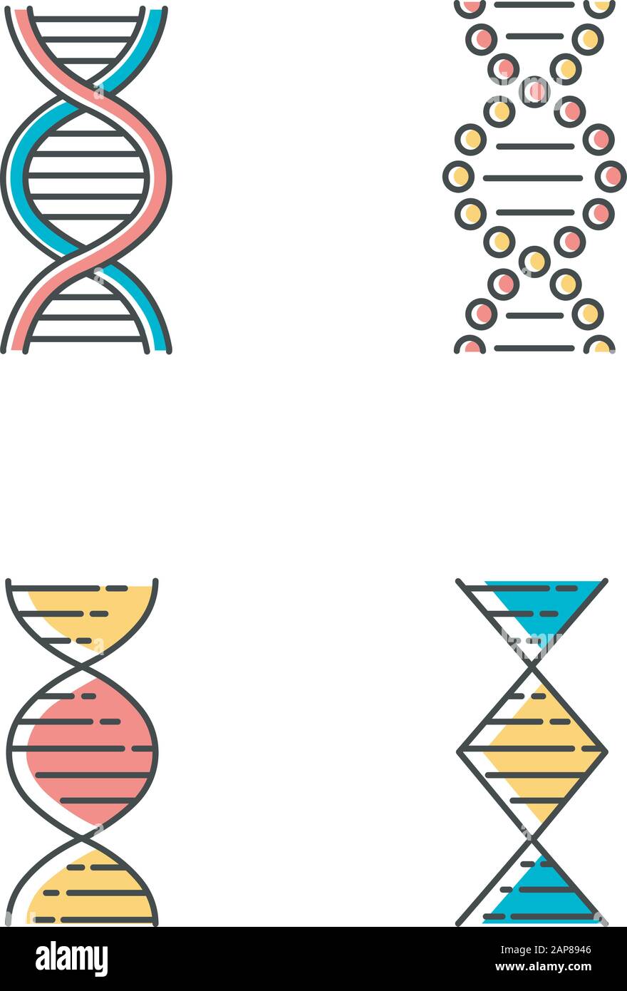 DNA spiral strands color icons set. Deoxyribonucleic, nucleic acid ...