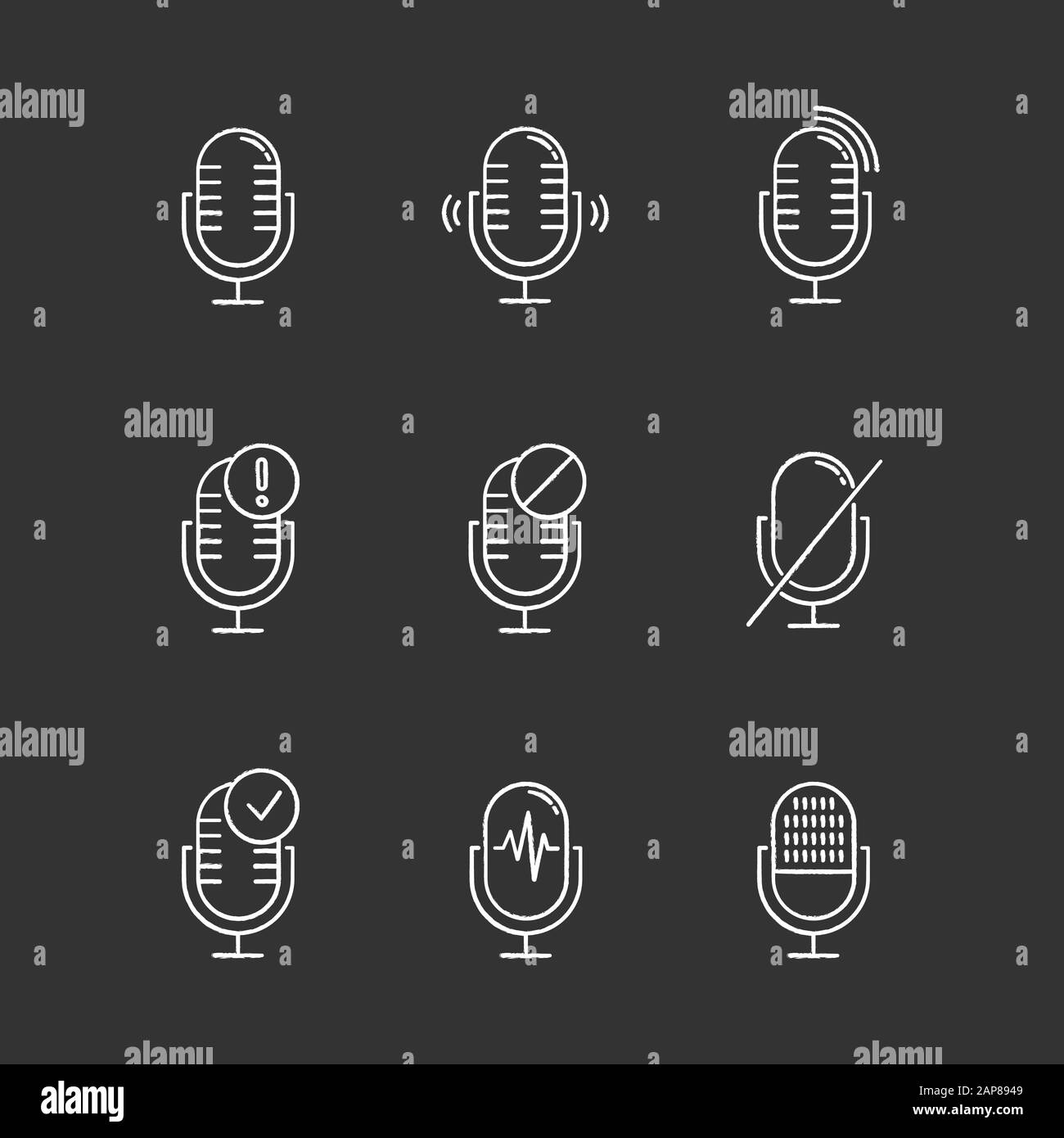 Microphone connection problem chalk icons set. Sound recorders idea ...