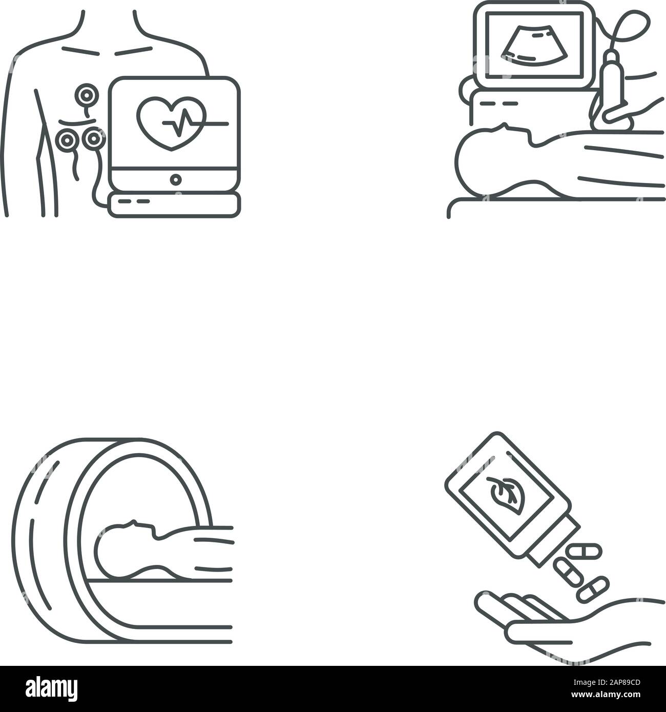 Medical procedure linear icons set. Cardiogram. Ultrasound diagnostics ...