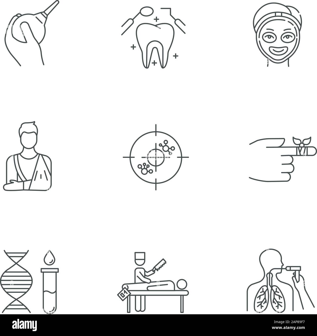 Medical procedure linear icons set. Orthopedic cast. Immunotherapy ...
