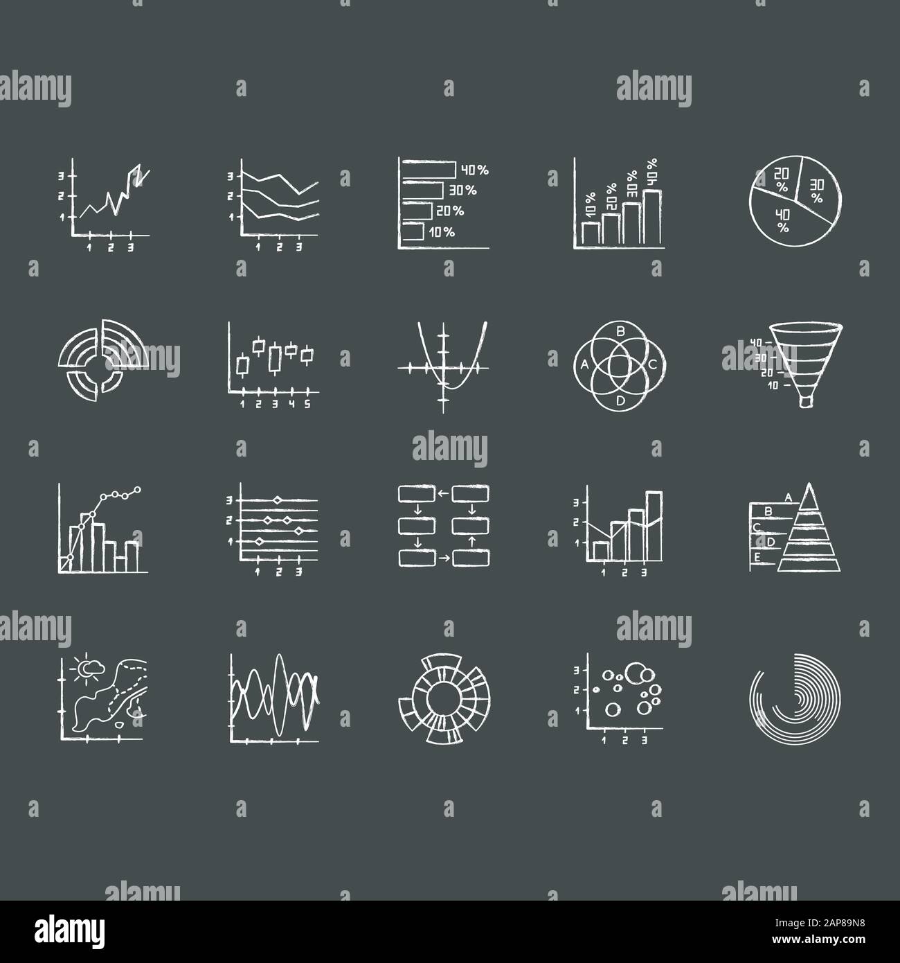 Chart and graph chalk icons set. Pie, Venn diagram. Horizontal ...