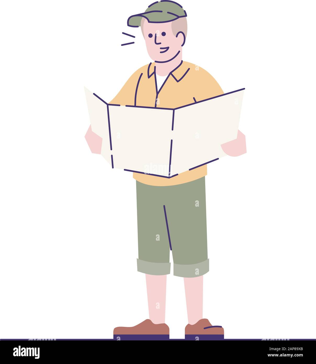 Man is looking at map flat vector illustration. Field survey, study ...