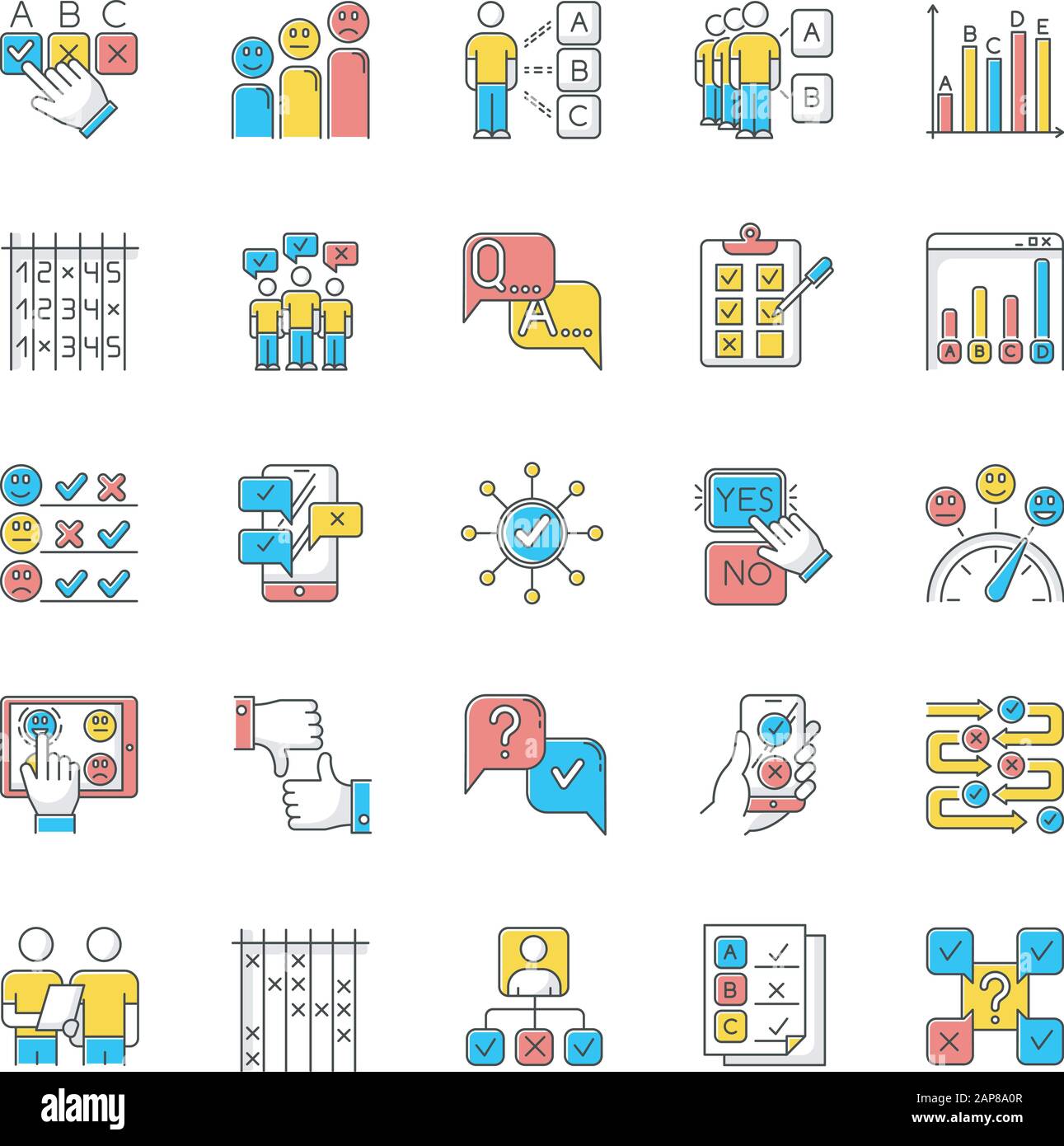 Survey color icons set. Question and answer. Social poll. Group survey ...