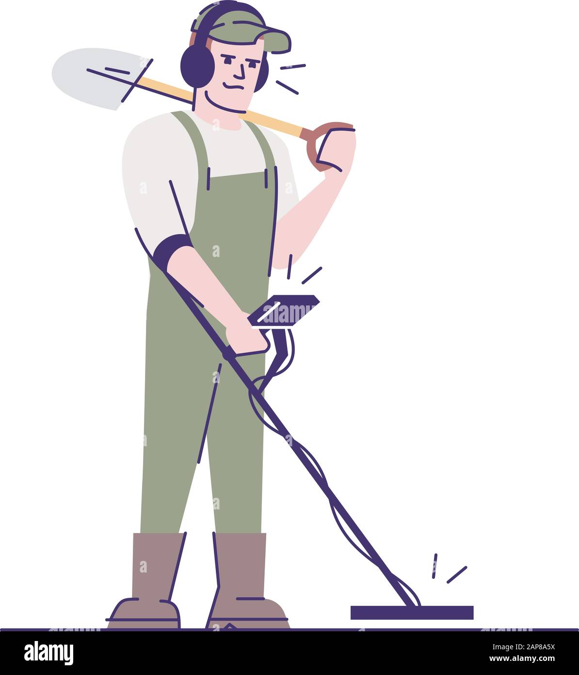 Archaeologist with metal detector and shovel flat vector illustration ...