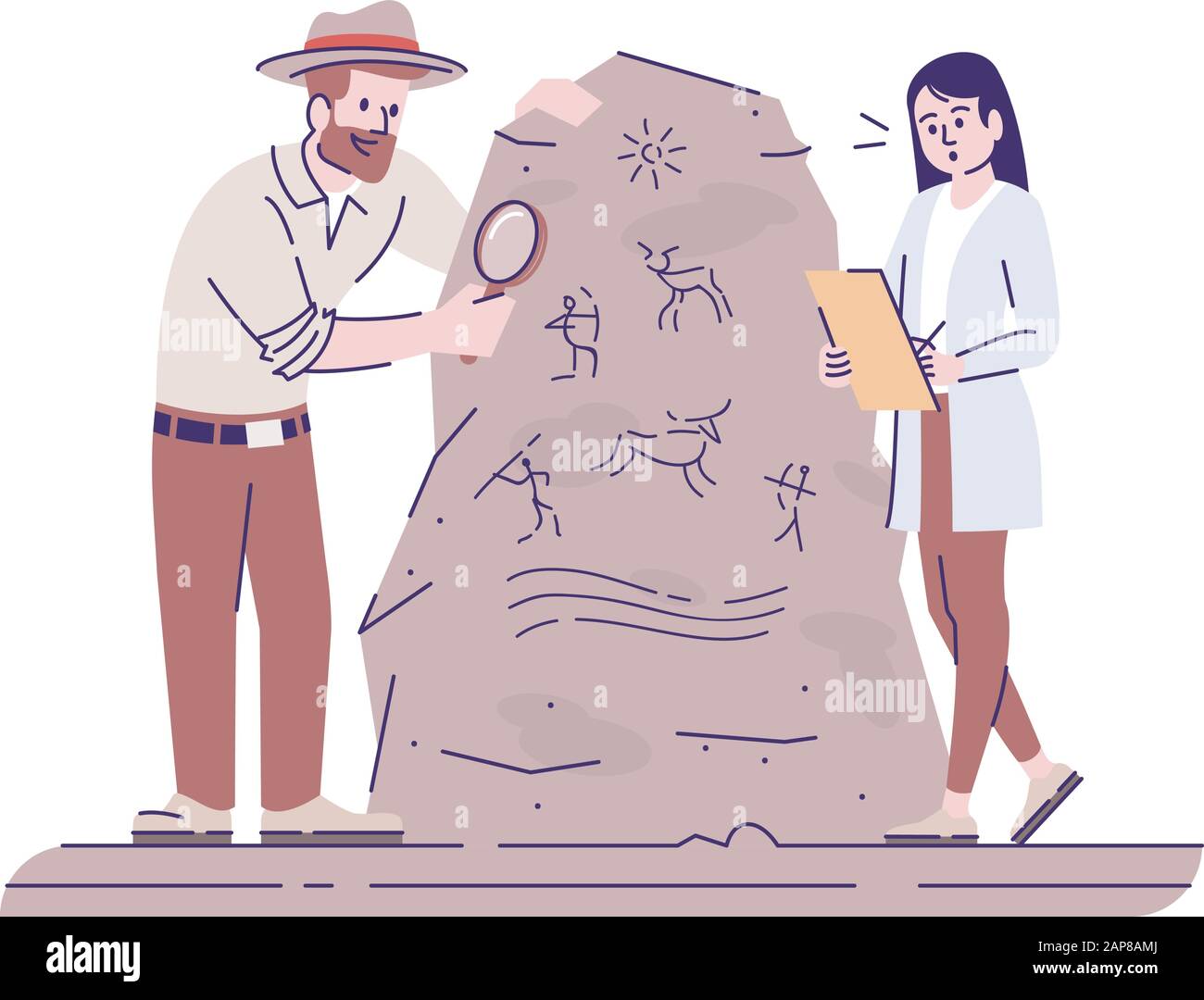 Study of cave paintings flat vector illustration. Ancient people ...