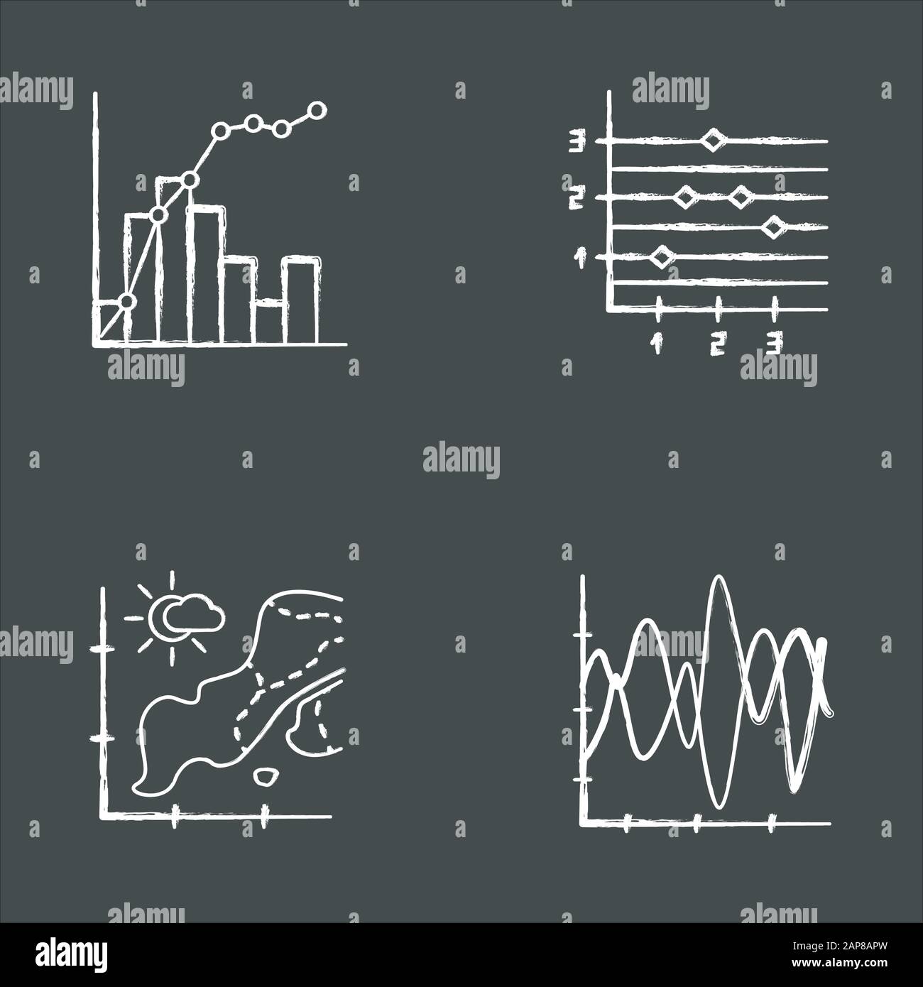 Chart and graph chalk icons set. Temperature map. Point and figure ...