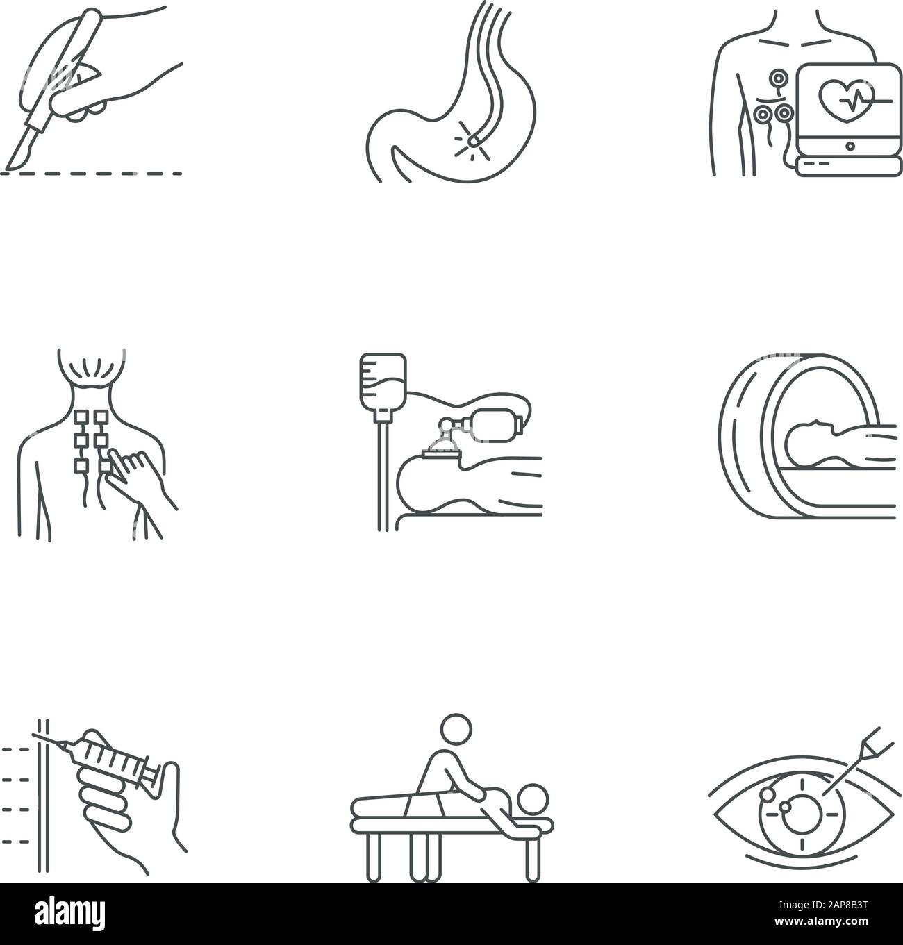 Medical procedure linear icons set. Endoscopy. Cardiogram ...