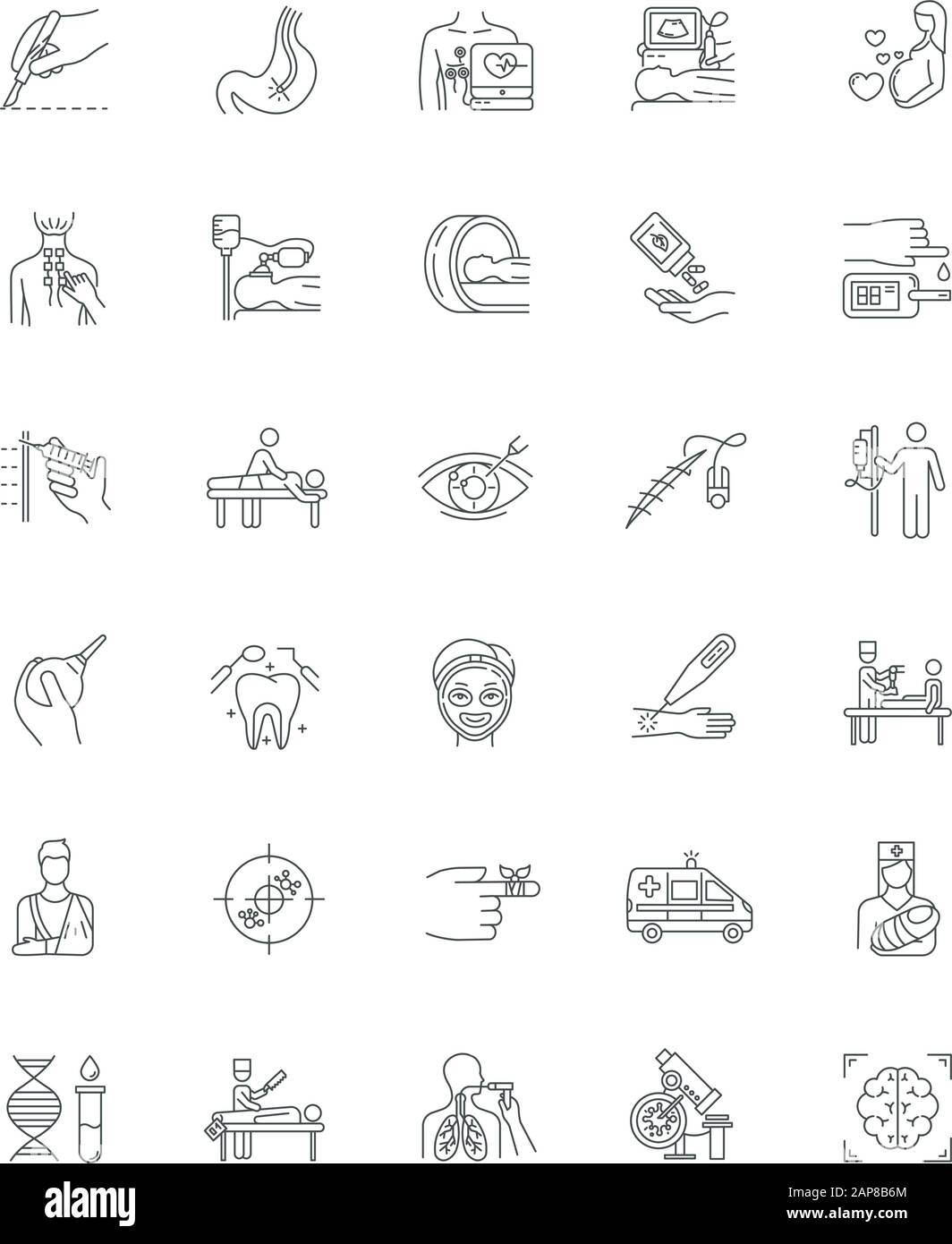 Medical procedure linear icons set. Surgery. Endoscopy. Brain scan ...