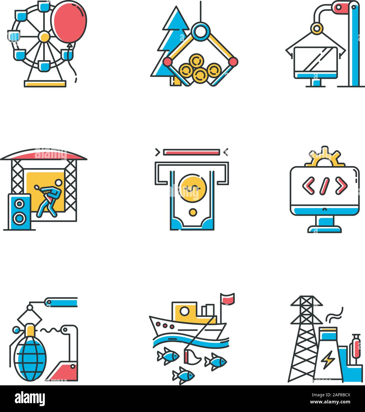 Industry types color icons set. Entertainment, timber, computer, music ...