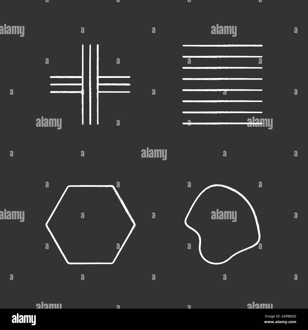 Geometric figures chalk icons set. Crossed stripes. Black ink strokes. Parallel lines. Flat ...