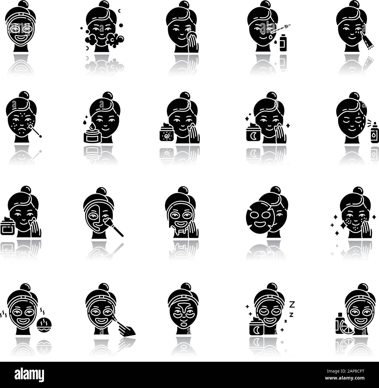 Skin care procedures drop shadow black glyph icons set. Using face ...