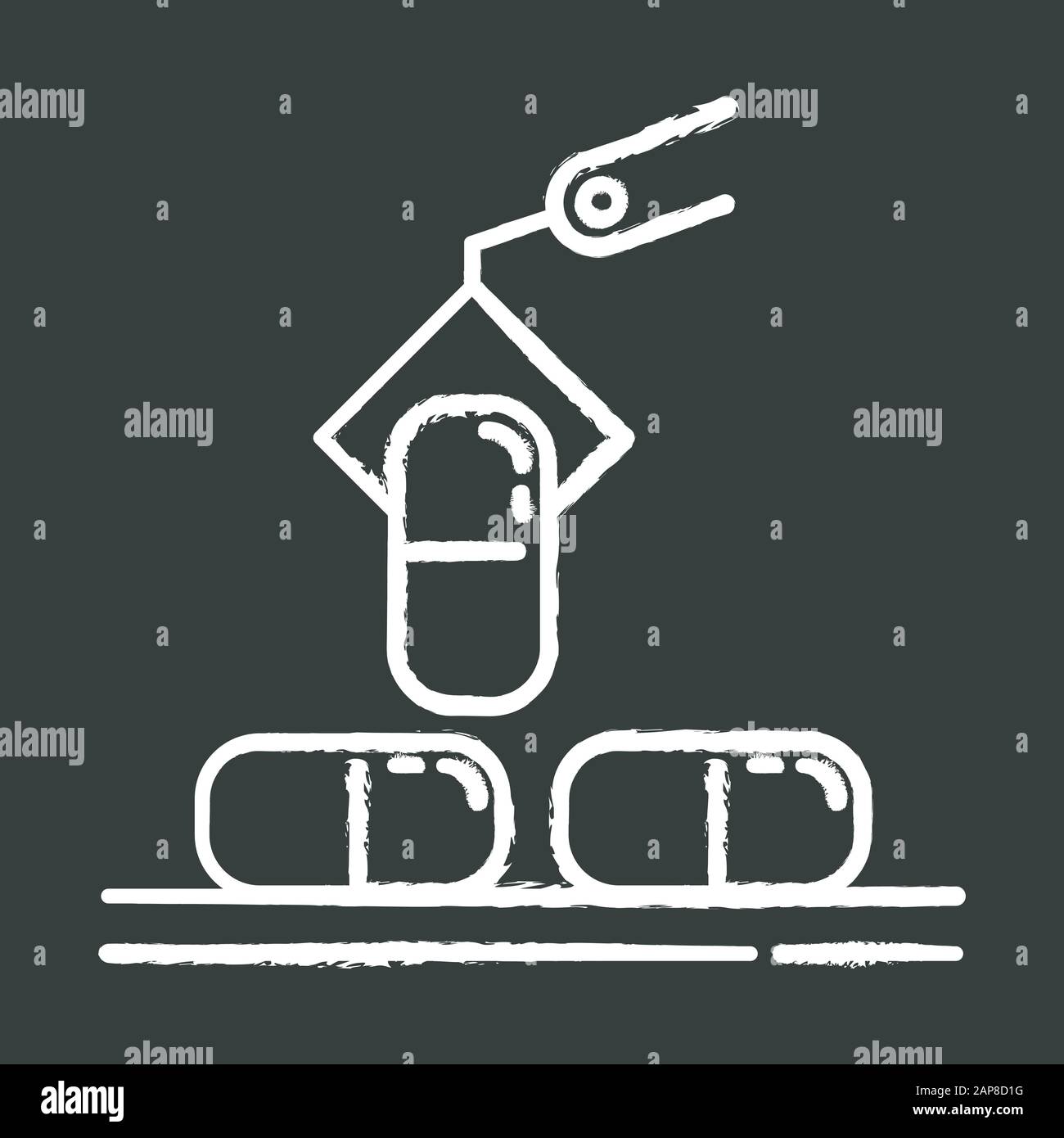 Pharmaceutical industry chalk icon. Drug sector. Conveyor automatic ...