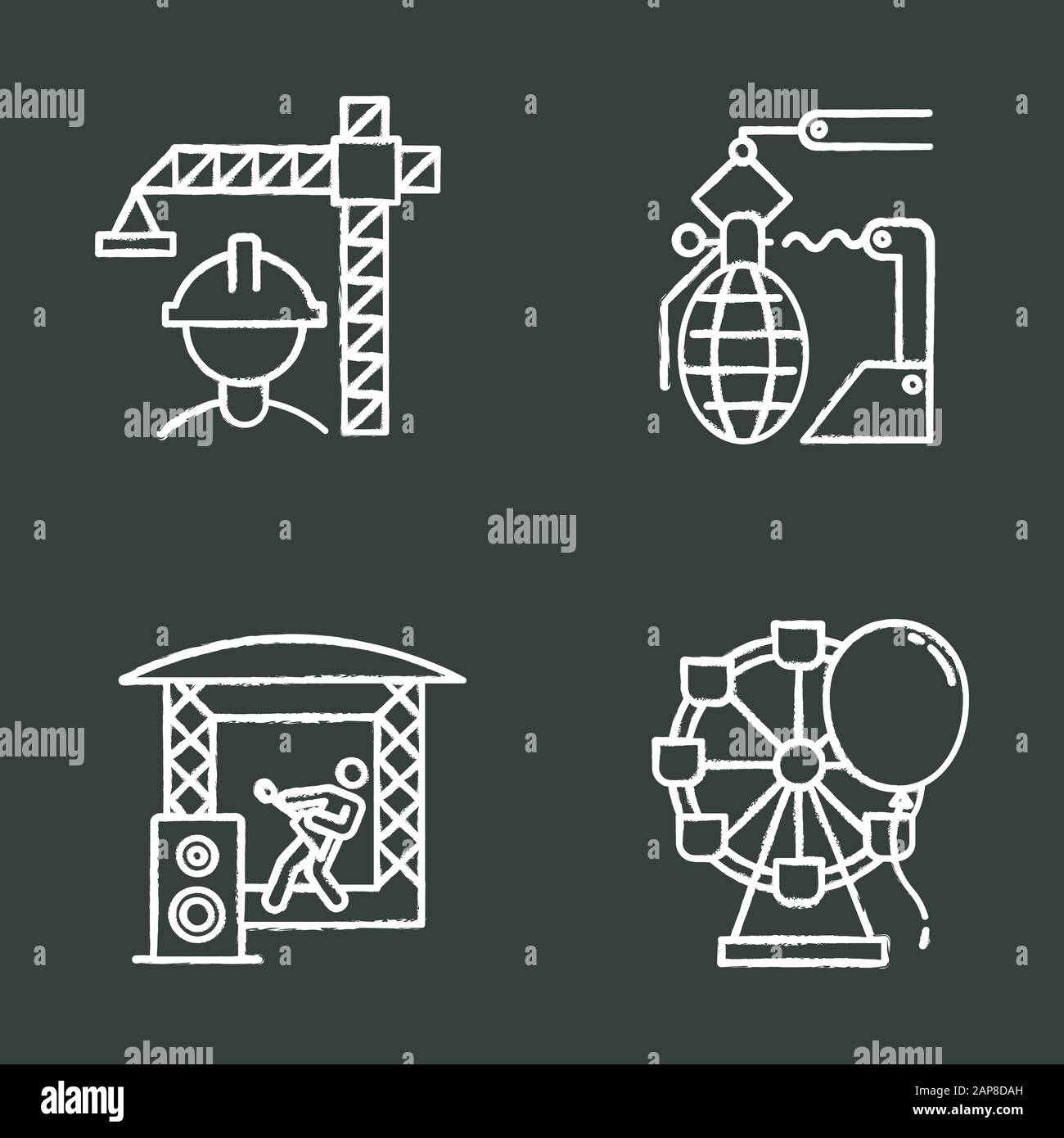 Industry types chalk icons set. Construction, arms, music ...