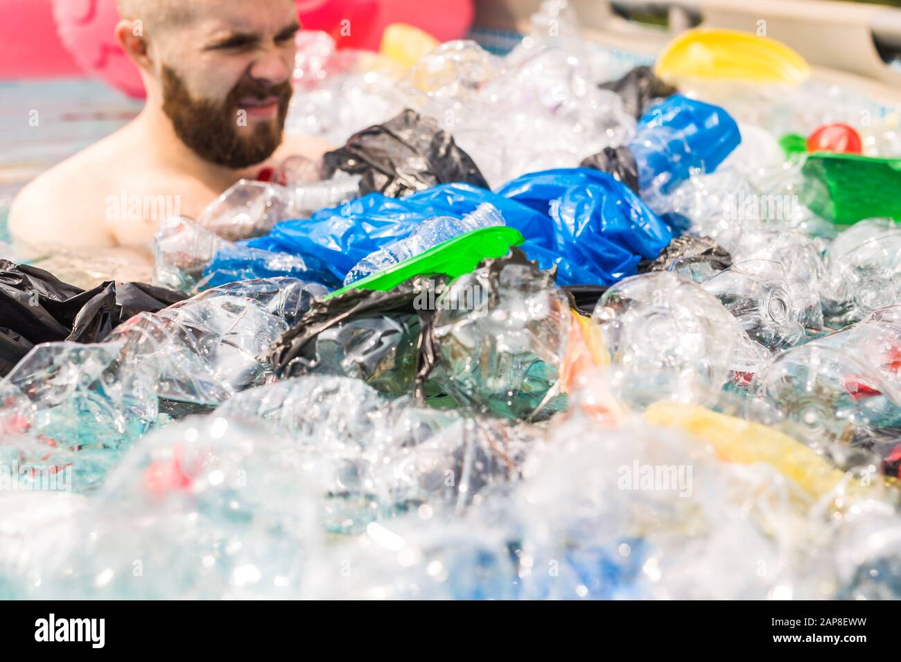 Ecology, plastic trash, environmental emergency and water pollution ...