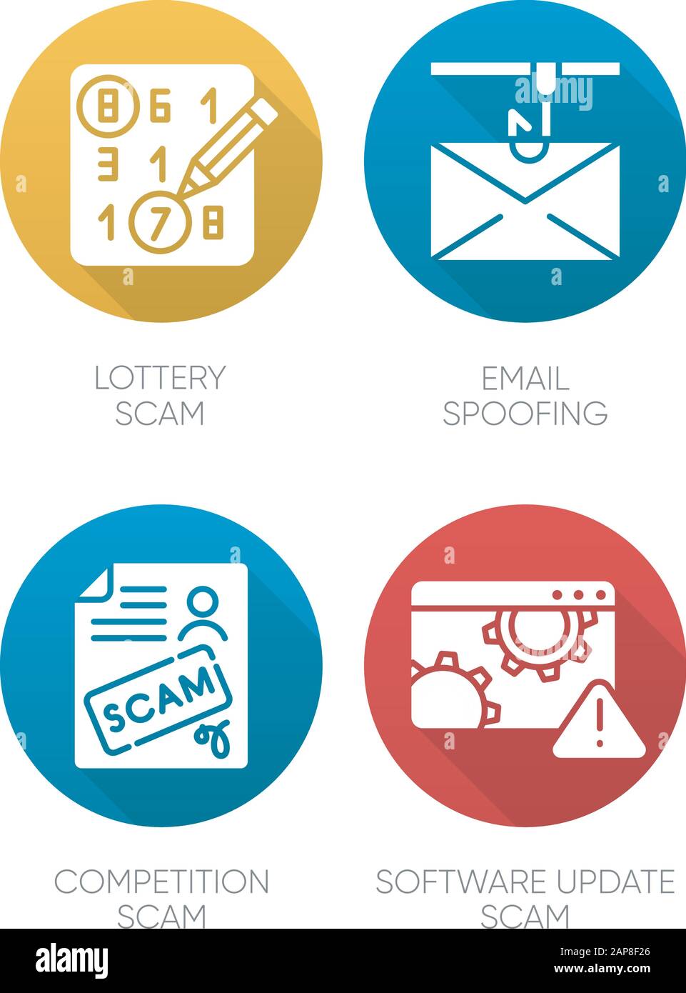 Scam types flat design long shadow glyph icons set. Lottery ...