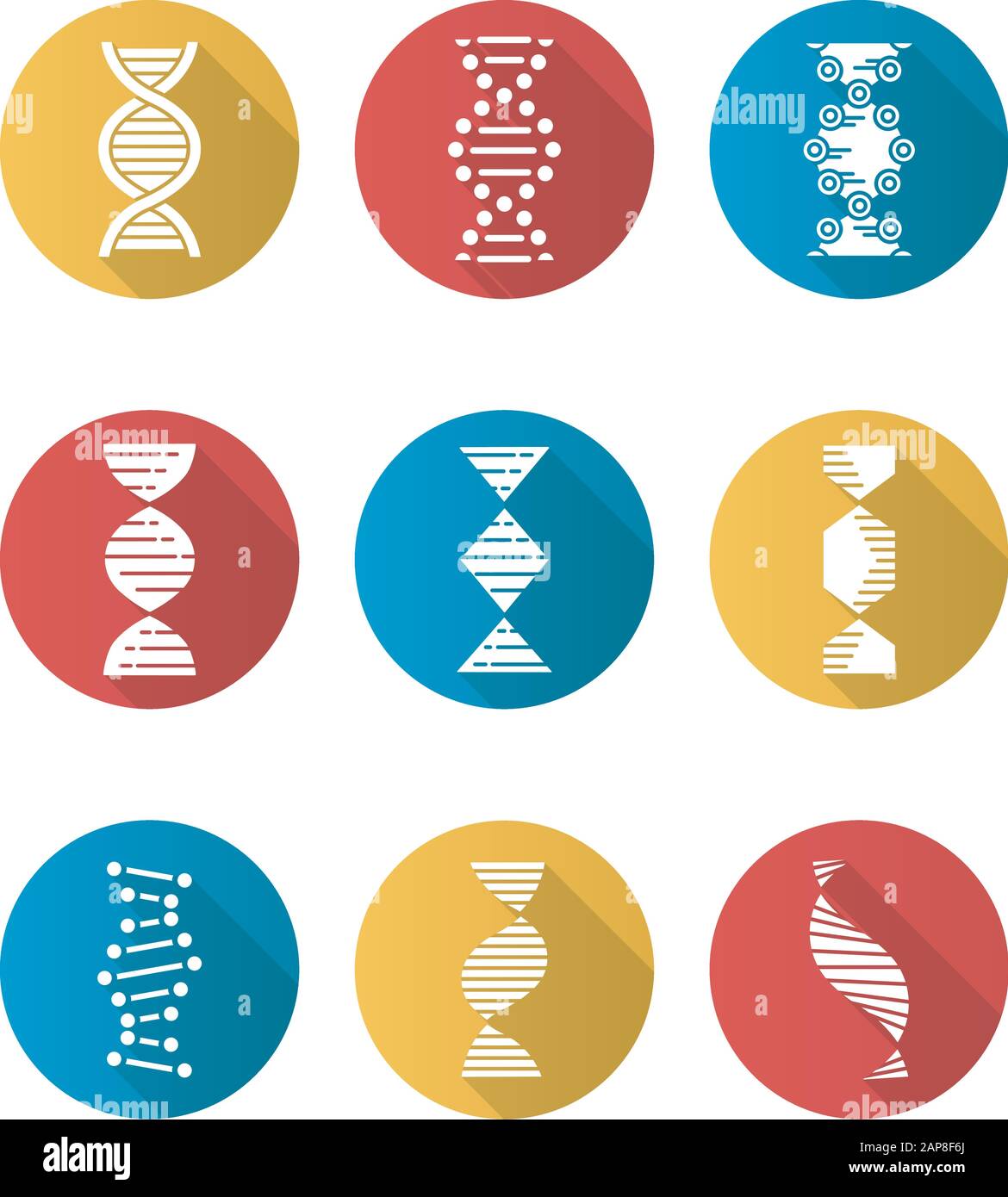 DNA spirals flat design long shadow glyph icons set. Deoxyribonucleic ...
