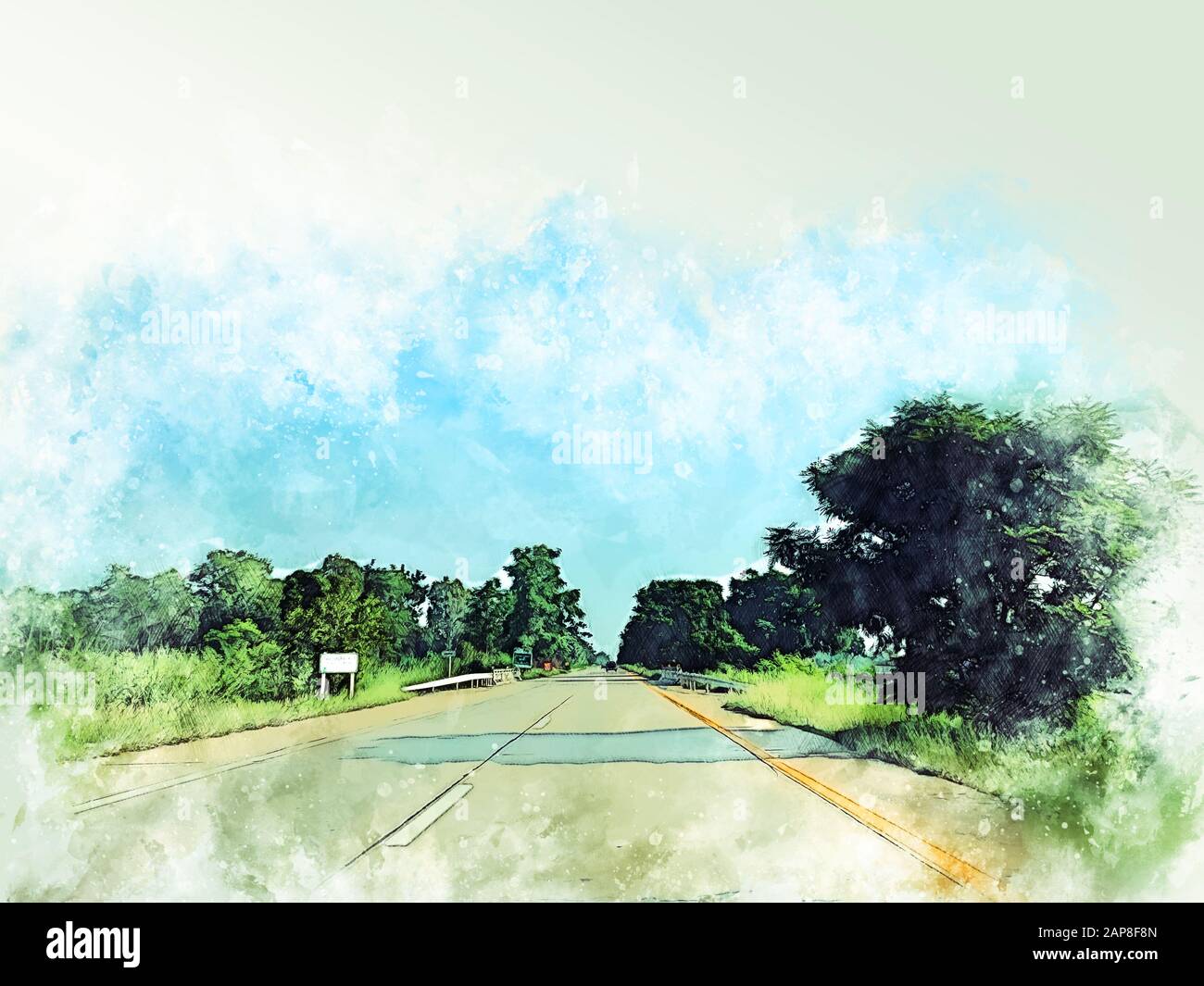 Abstract colorful tree landscape and road in forest on watercolor ...